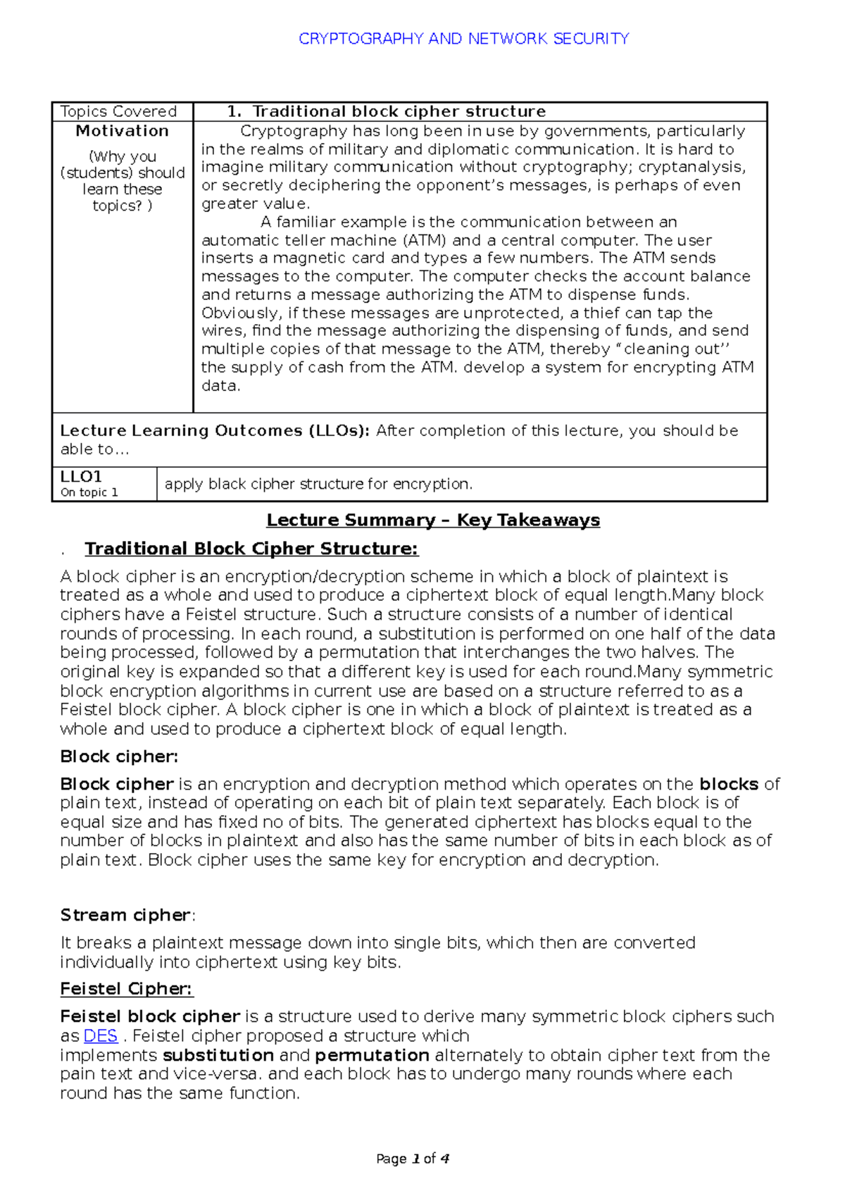 Traditional block cipher structure - Topics Covered 1. Traditional ...