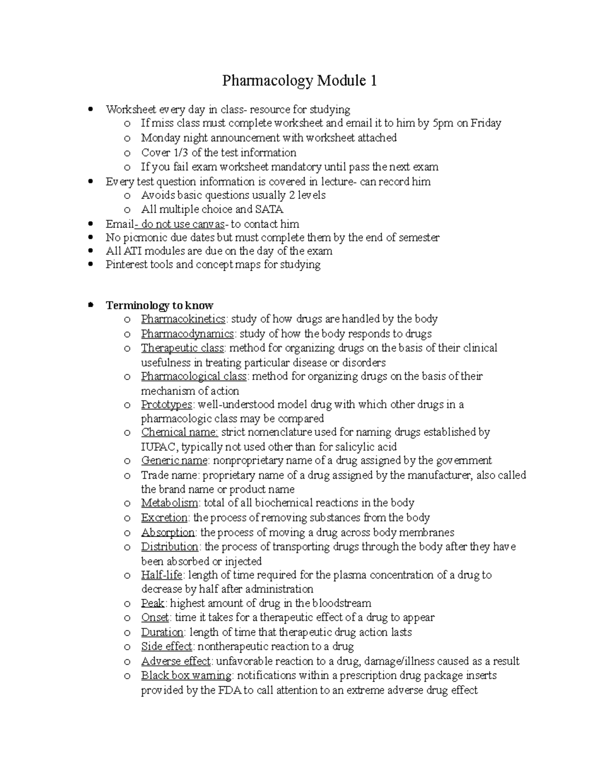 Module 1 - Lecture - Pharmacology Module 1 Worksheet every day in class ...