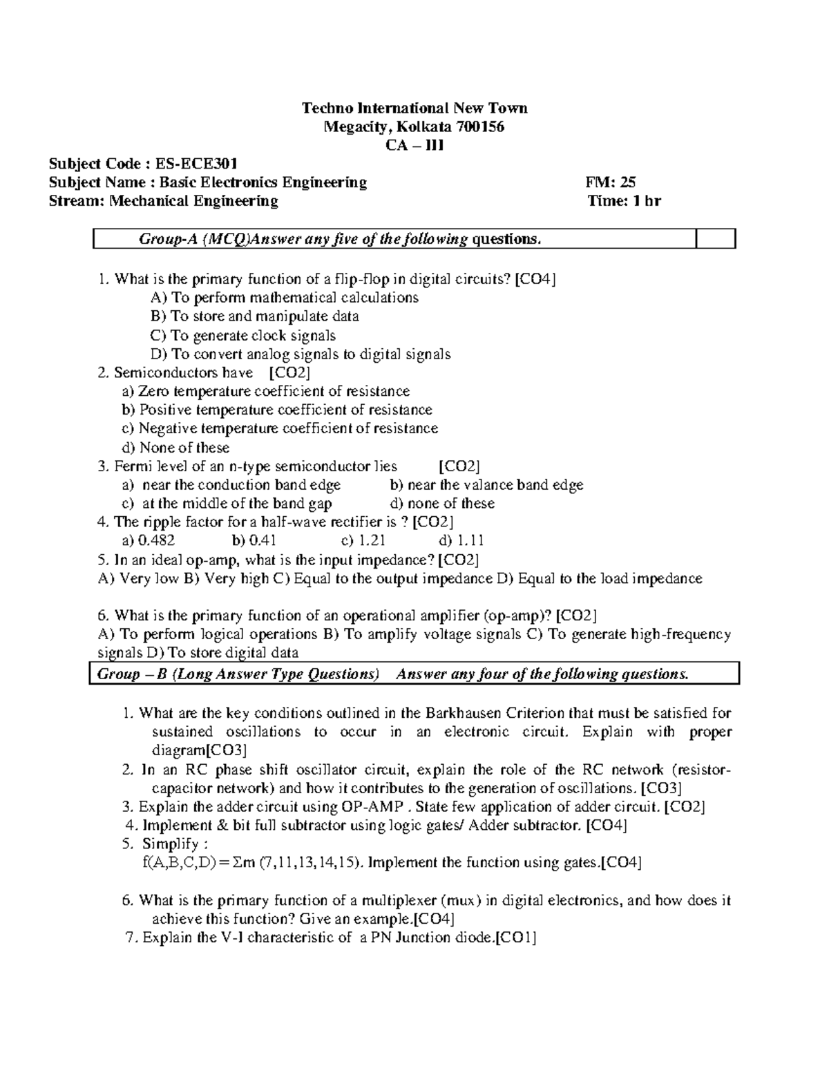 ES-ECE301 2023-24 odd sem - Techno International New Town Megacity, Kolkata 700156 CA – III ...
