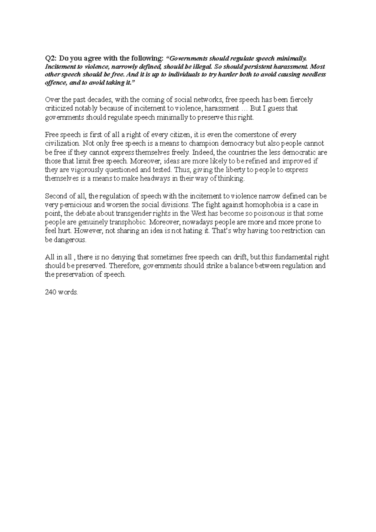 Q2- free speech-1 - Dissertation sur la liberté d'expression - Q2: Do ...