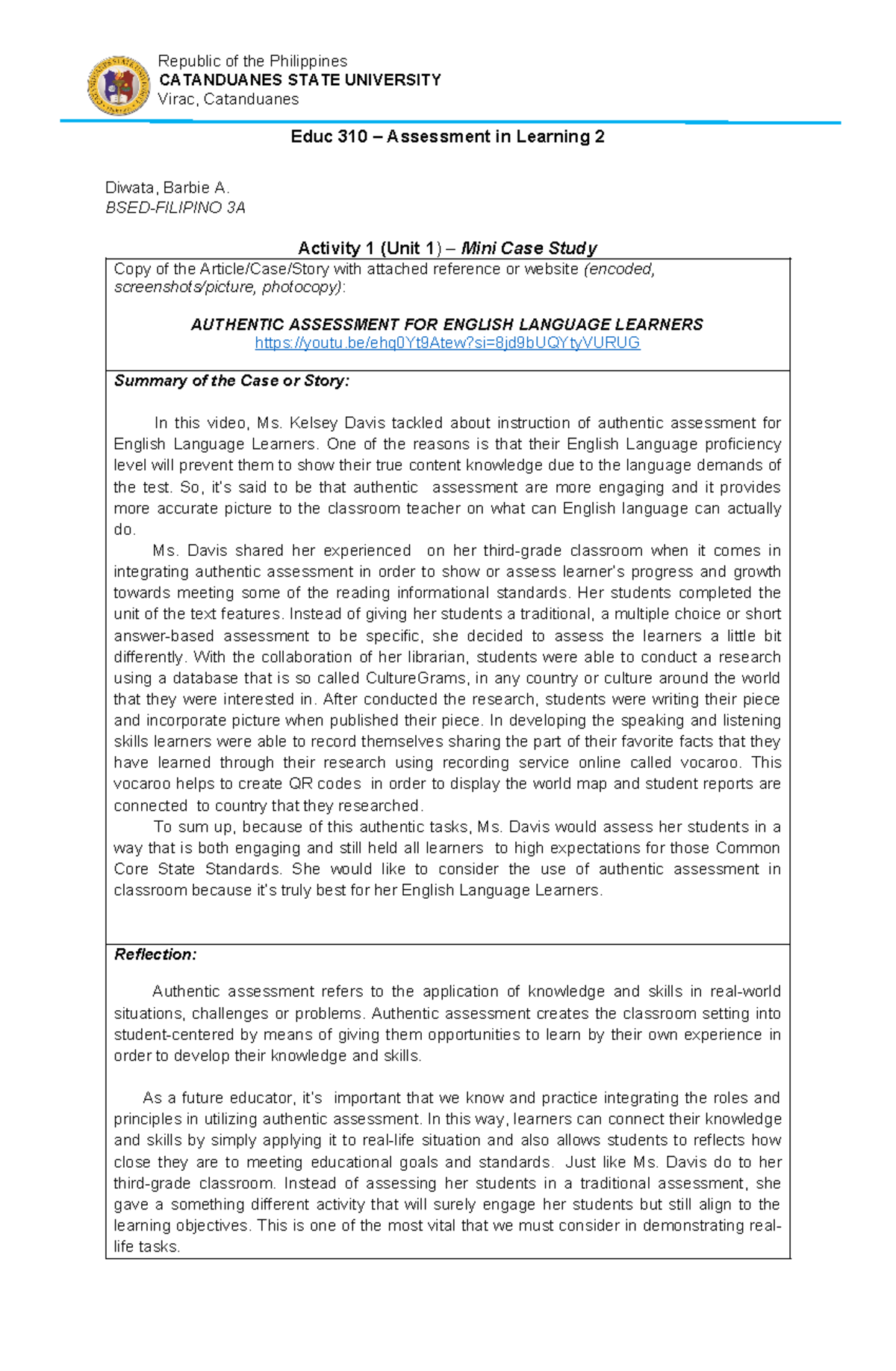 Educ-310 Mini-Case-Study Diwata 084032 - Republic of the Philippines ...