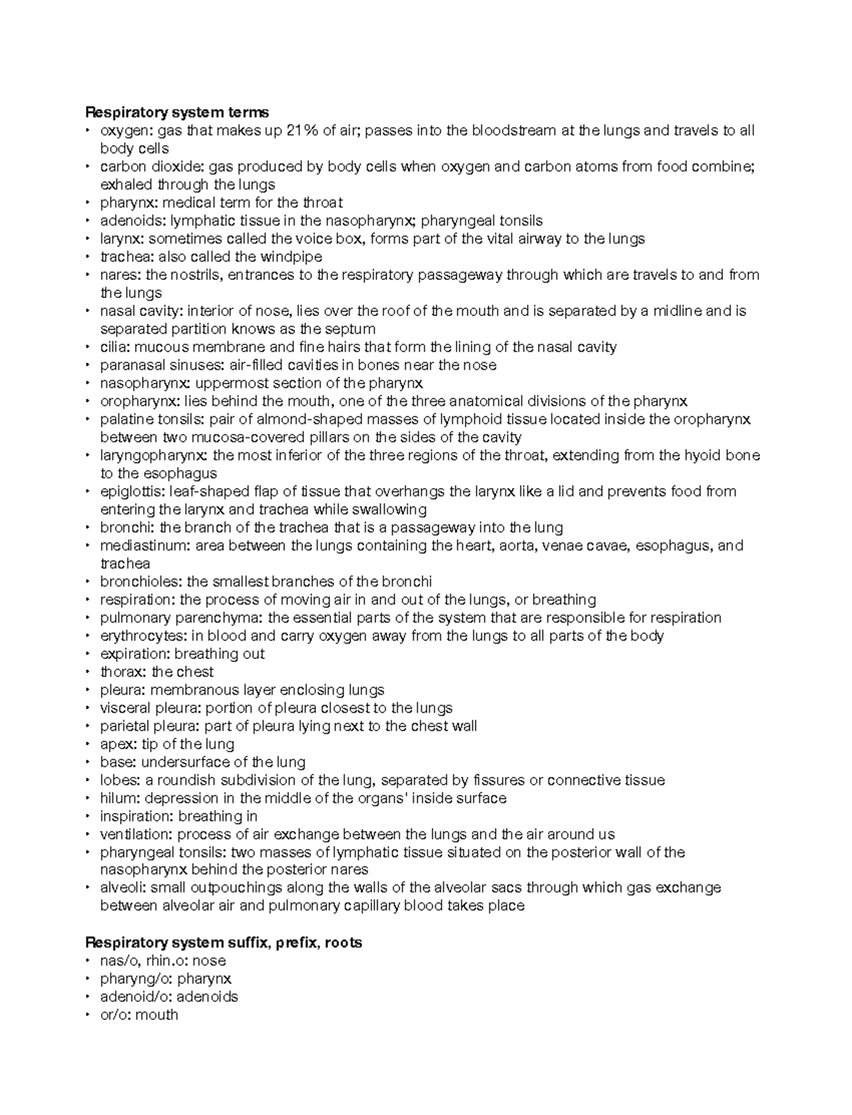 Ch 12 respiratory system - Respiratory system terms oxygen: gas that ...