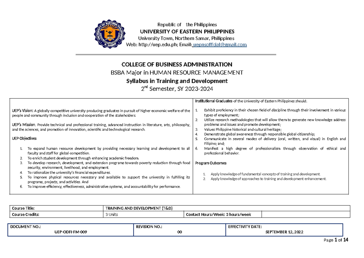 Training and Development syllabus - COLLEGE OF BUSINESS ADMINISTRATION ...