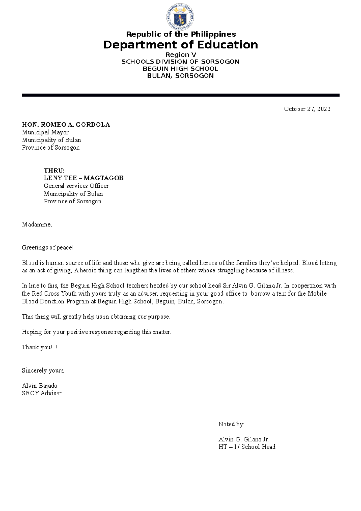 Request Letter sample - Republic of the Philippines Department of ...