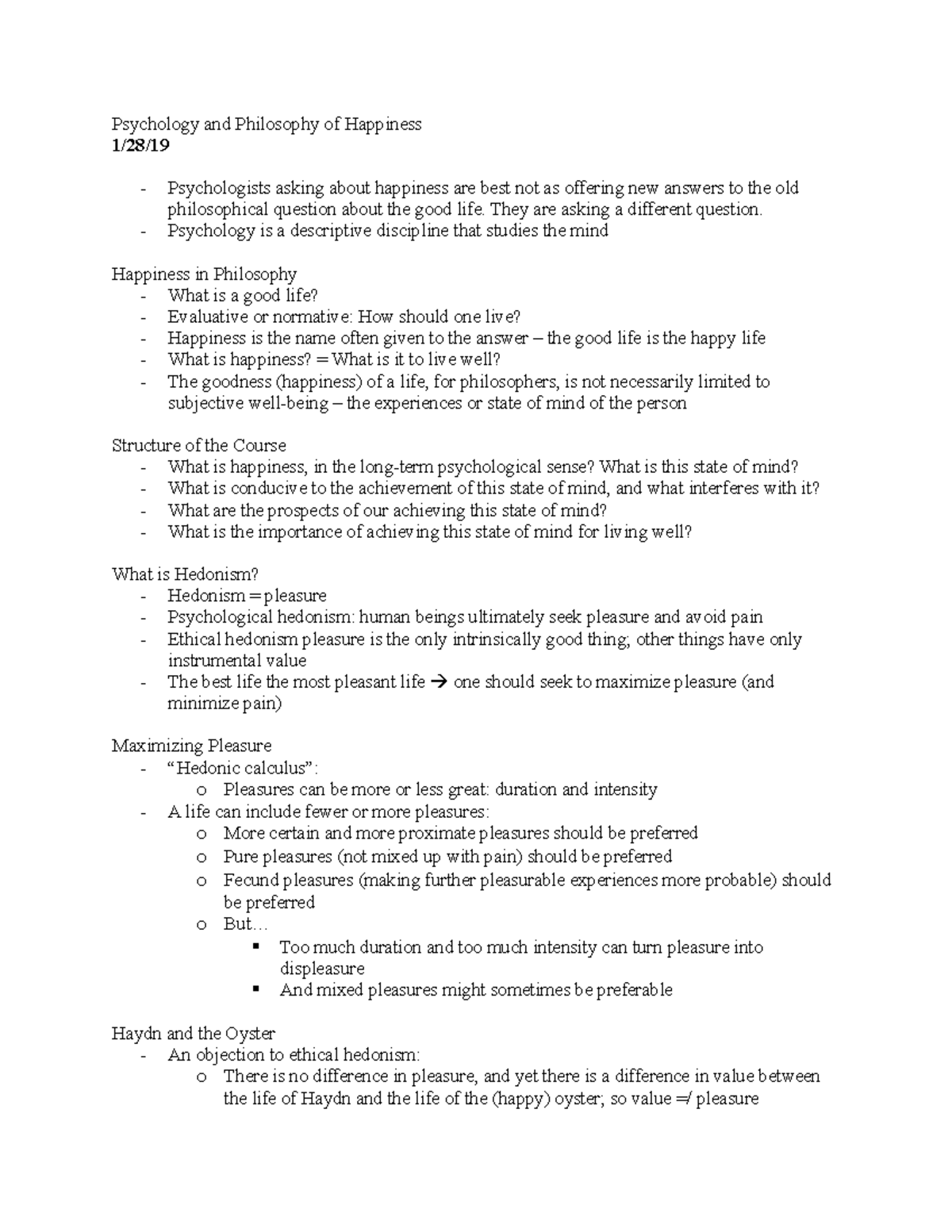 Psychology and Philosophy of Happiness Notes - Psychology and ...