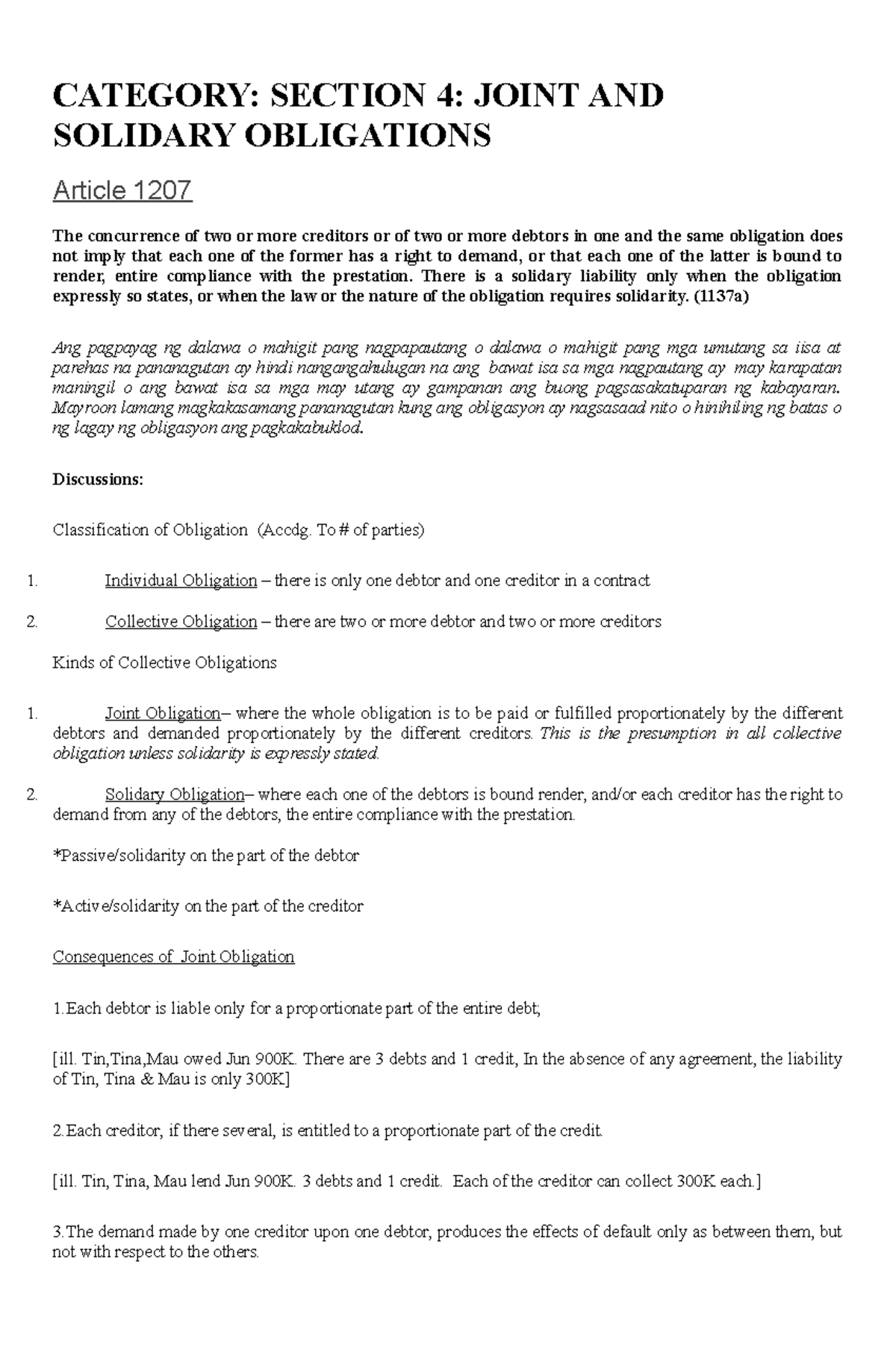 Obligation - CATEGORY: SECTION 4: JOINT AND SOLIDARY OBLIGATIONS ...