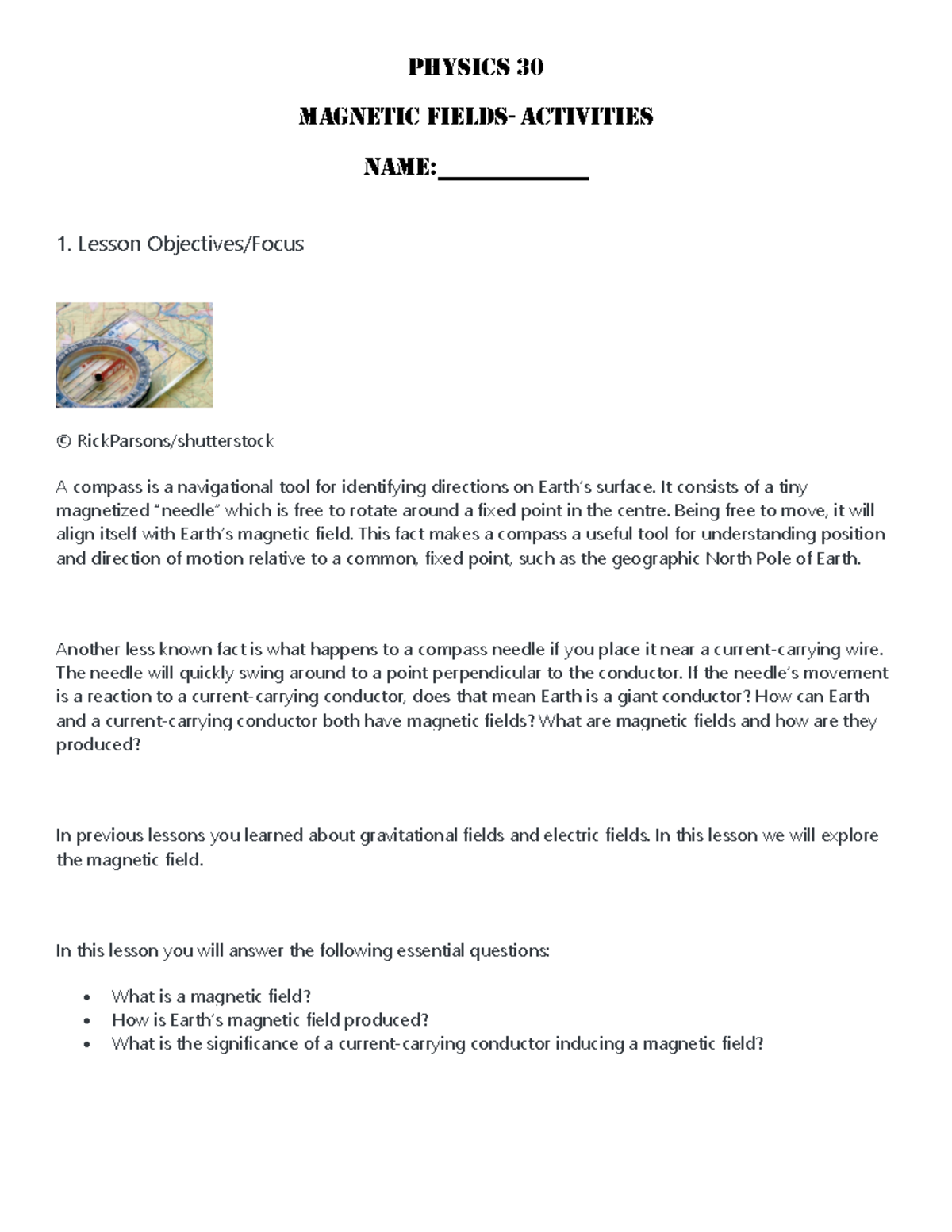 (19) Magnetic fields- Activities - PHYSICS 30 MAGNETIC FIELDS ...