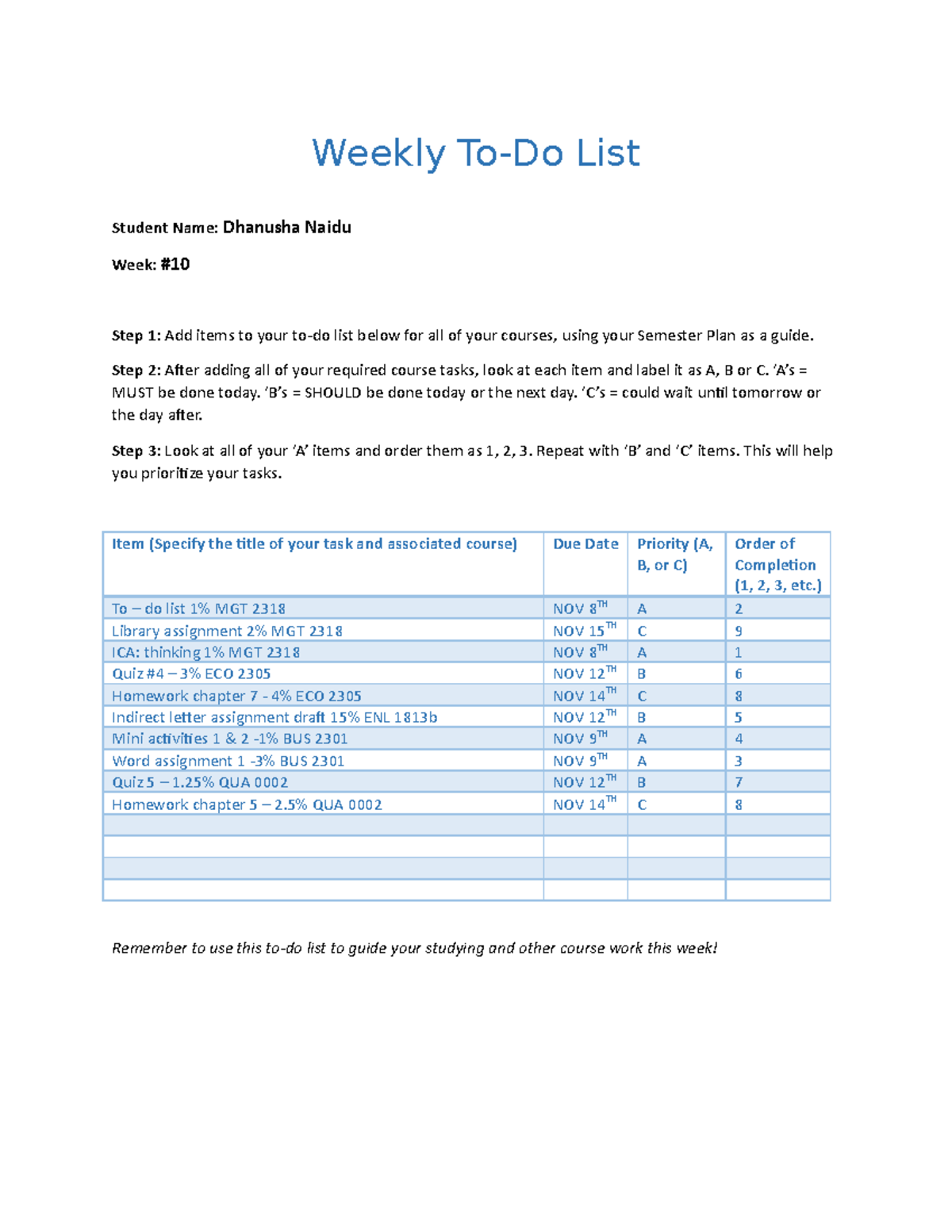 Weekly To-Do List (10) - list of tasks per week - Weekly To-Do List ...