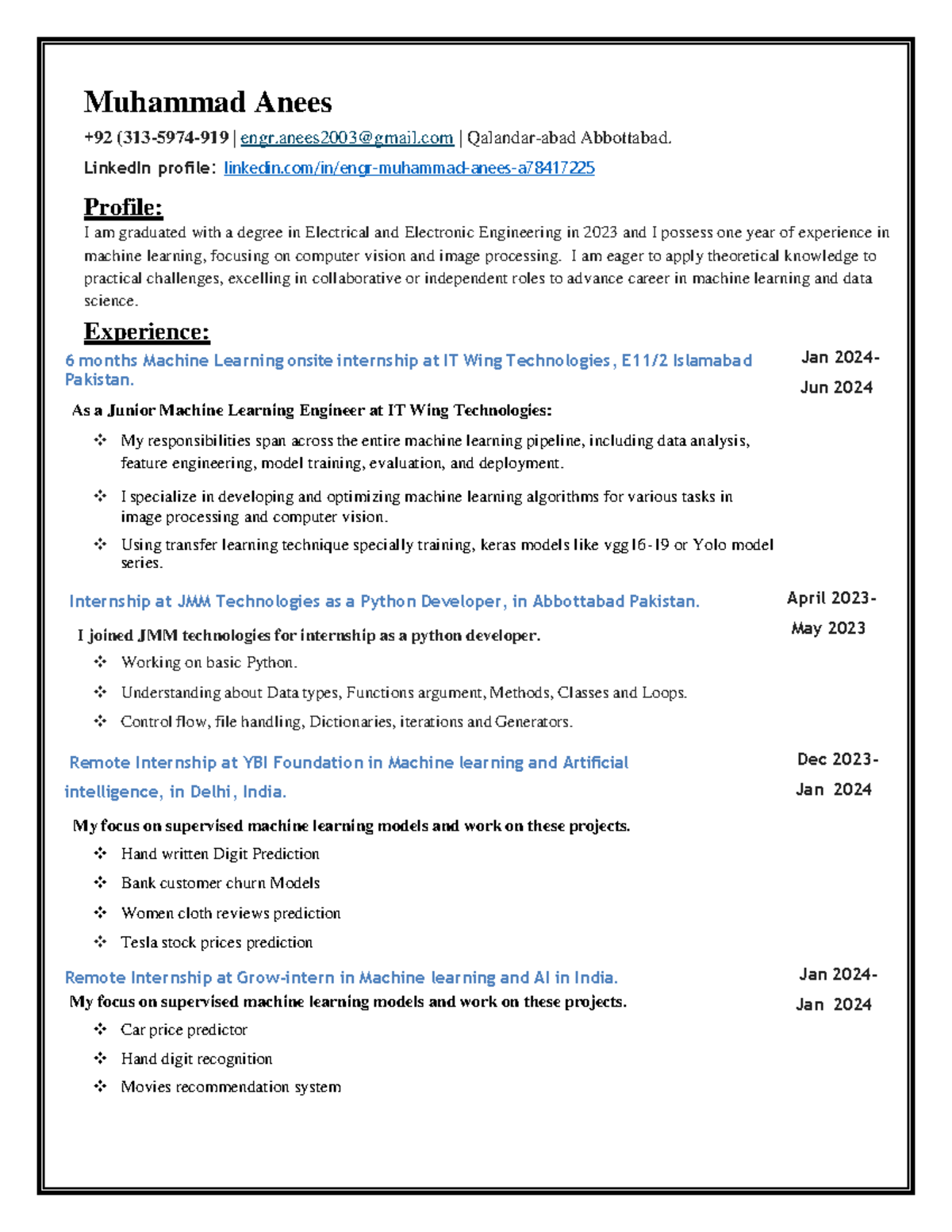 Muhammad anees CV - Cove the ms word - Muhammad Anees +92 (313-5974-919 ... Muhammad anees CV - Cove the ms word - Muhammad Anees +92 (313-5974-919 ...