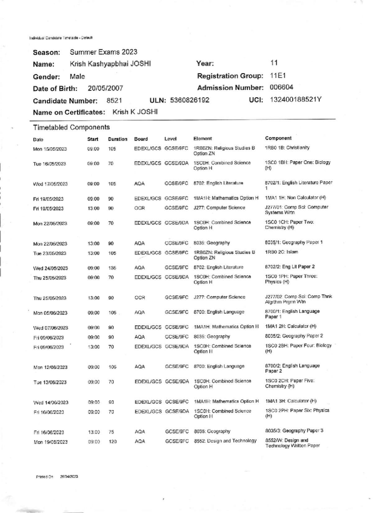 GCSE Exam Timetable 2023 - Studocu