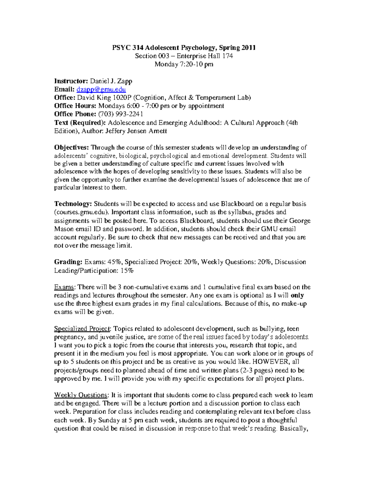 Adolescent Dev Syllabus Example 3 - PSYC 314 Adolescent Psychology, Spring 2011 Section 003 ...