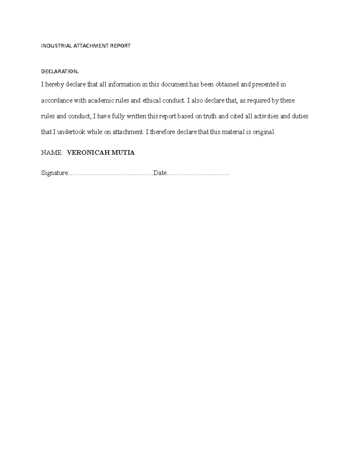 Industrial Attachment Report - INDUSTRIAL ATTACHMENT REPORT DECLARATION ...