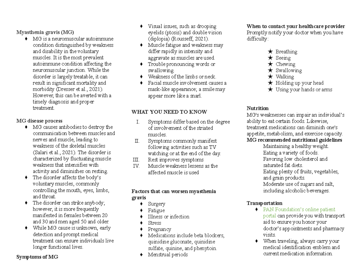 Myasthenia Gravis (MG) task - Myasthenia gravis (MG) ♦ MG is a ...