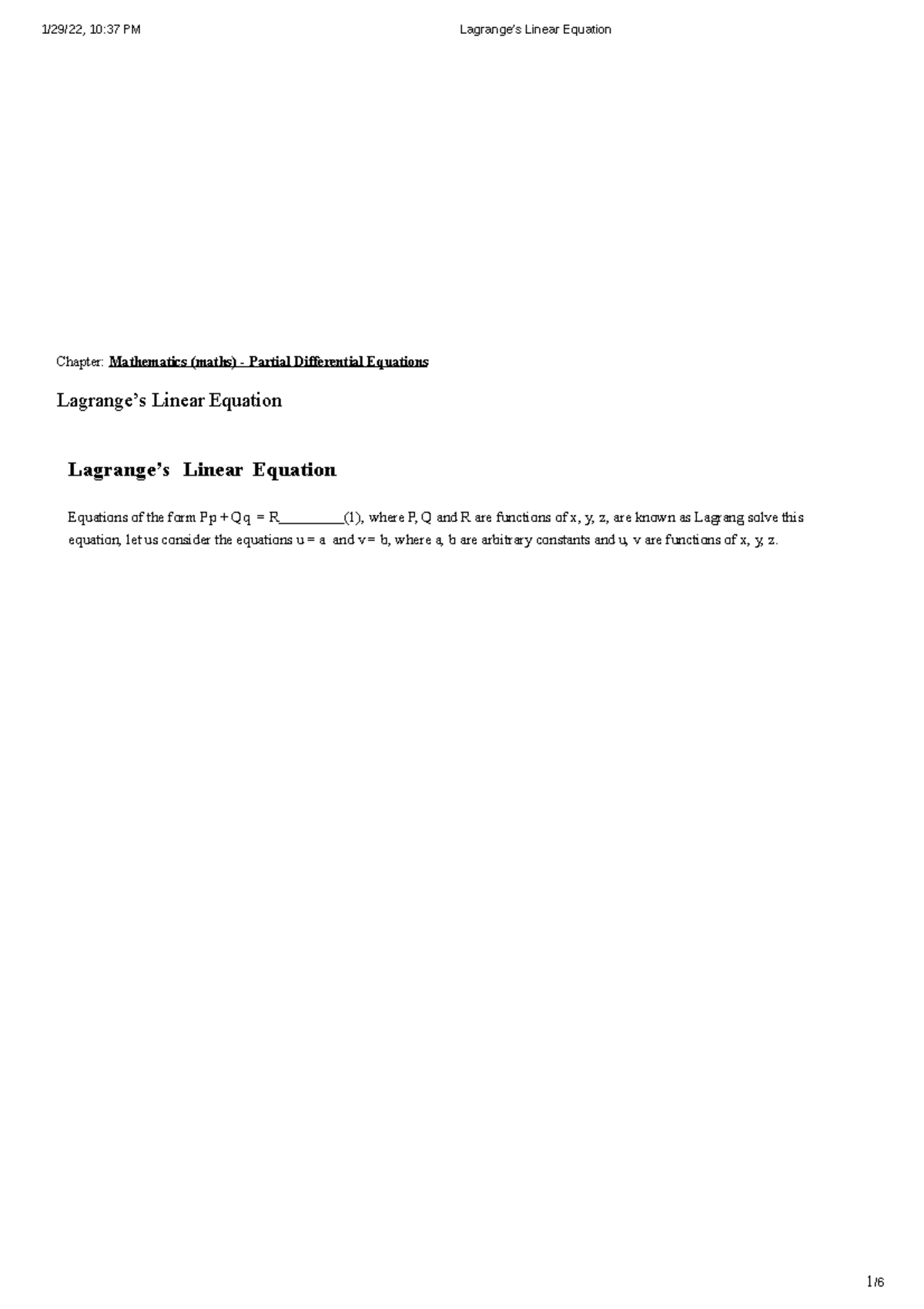 Lagrange’s Linear Equation - Equations (5) represent a pair of ...