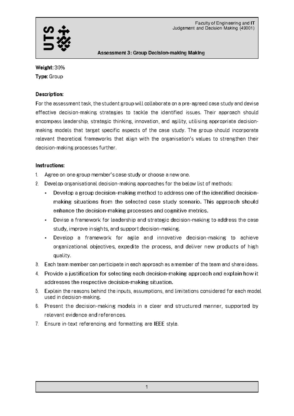 Assessment 3 - Good - Faculty of Engineering and IT Judgement and ...