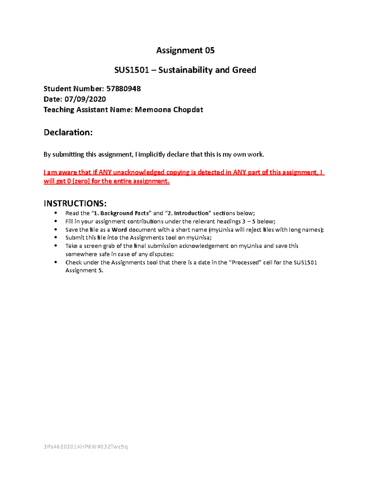 05 Assignment - Assignment 05 SUS1501 – Sustainability and Greed ...