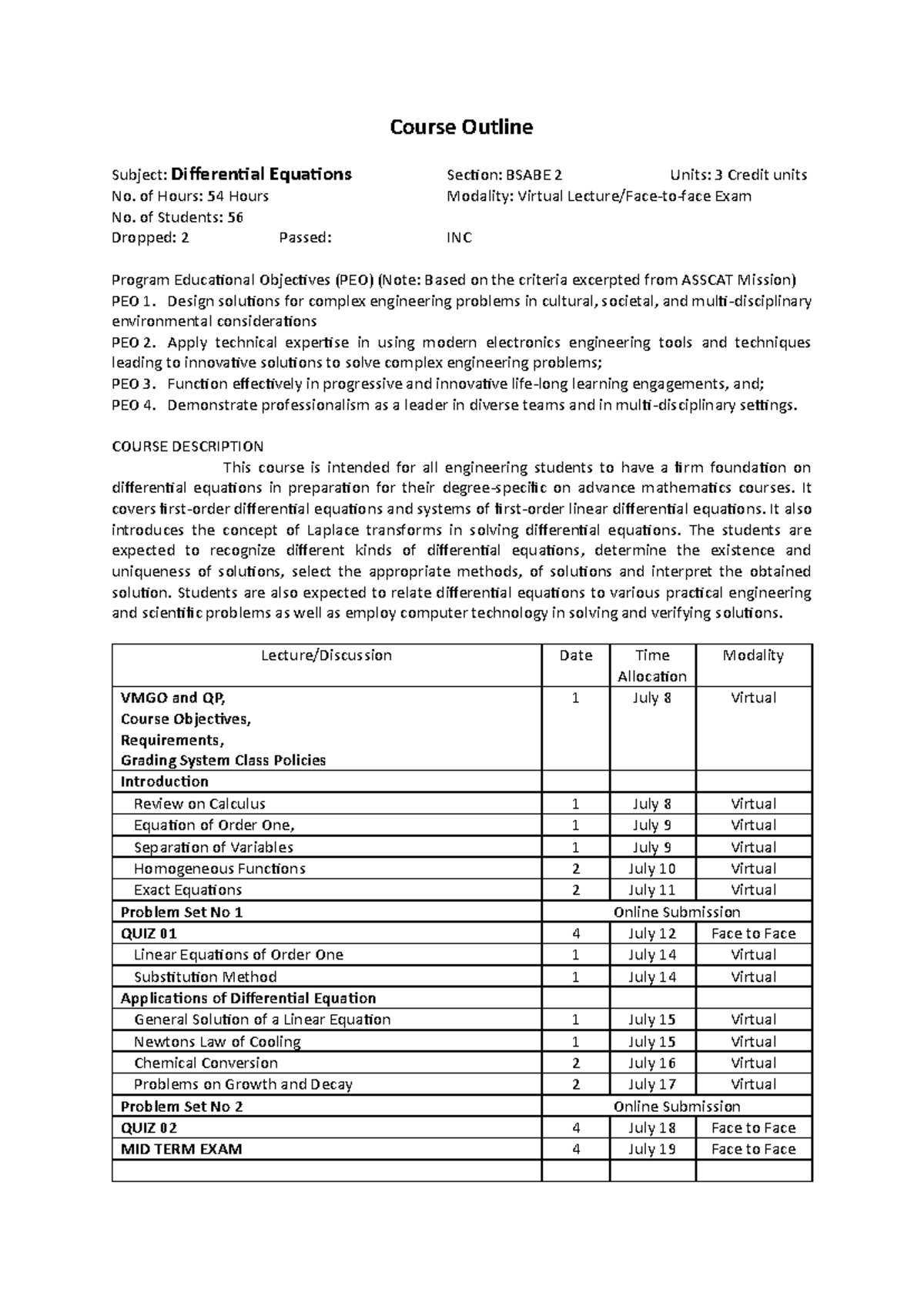Course Outline-DE - Course Outline Subject: Differential Equations ...