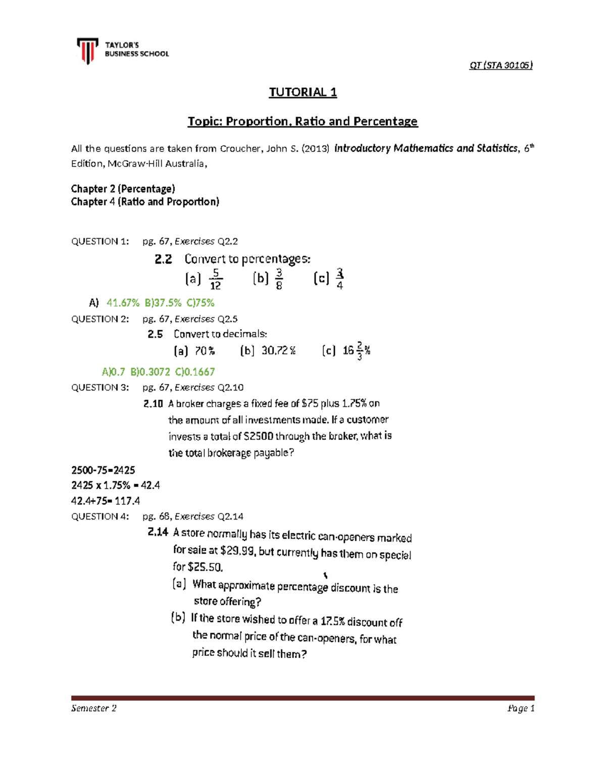 Tutorial 1 Que - TUTORIAL 1 Topic: Proportion, Ratio and Percentage All ...