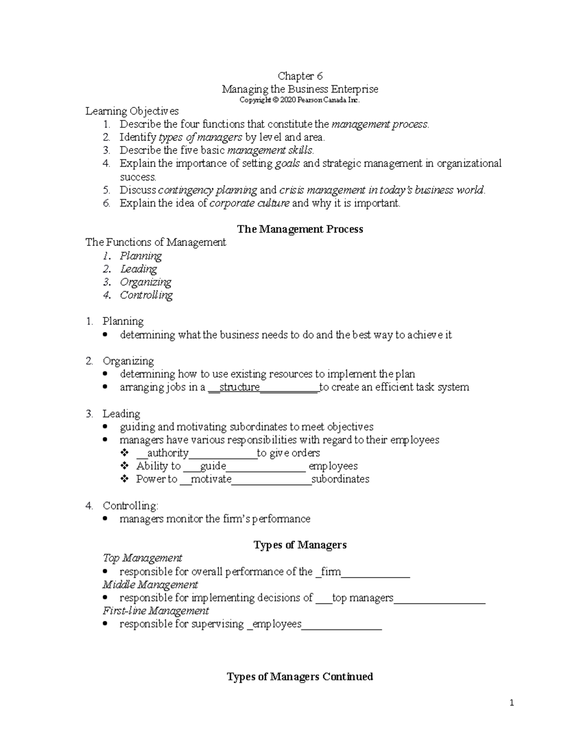 busn 1200 Chapter 6 Notes class - Chapter 6 Managing the Business ...