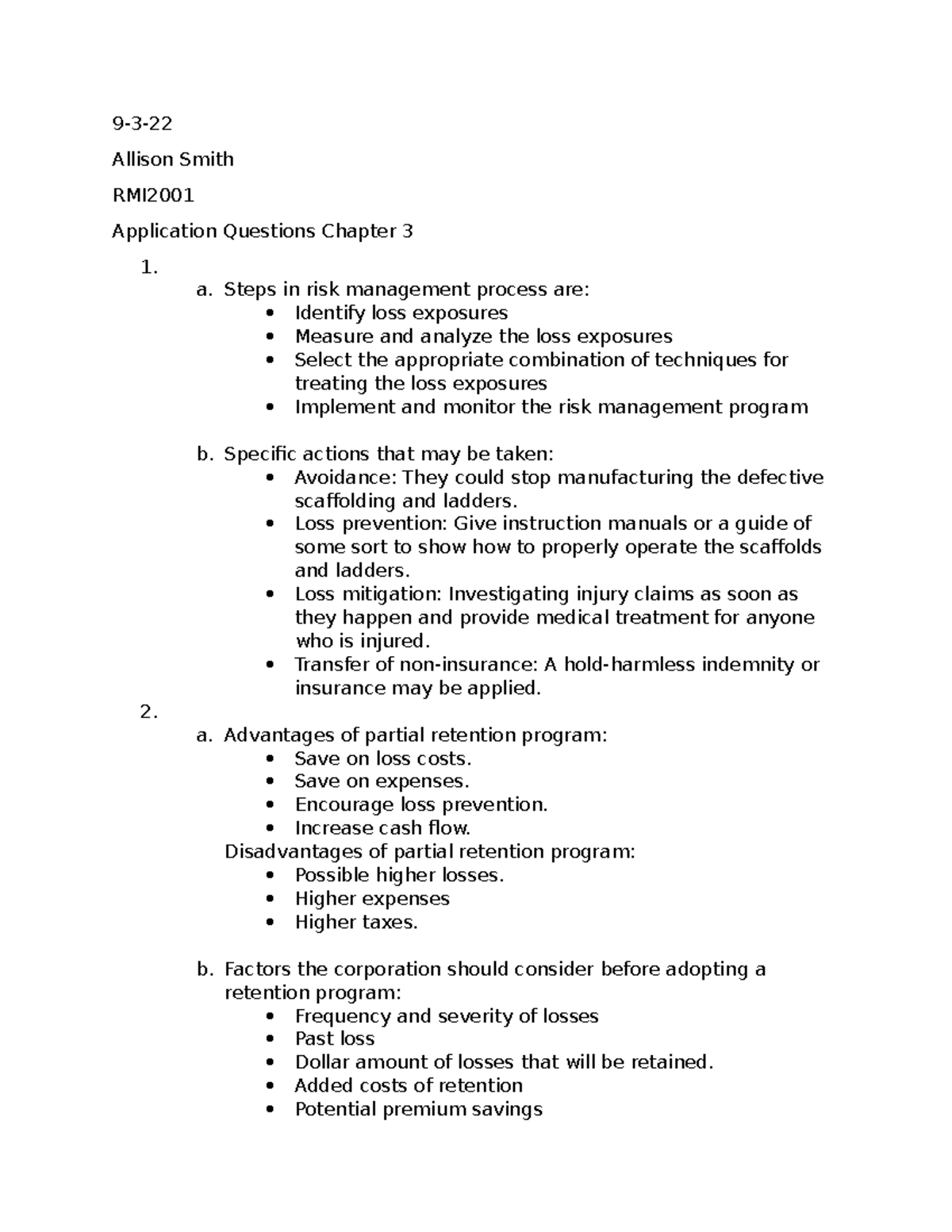 Allison Smith RMI2001 Chapter 3 Application Questions 9-3-22 - 9-3 ...