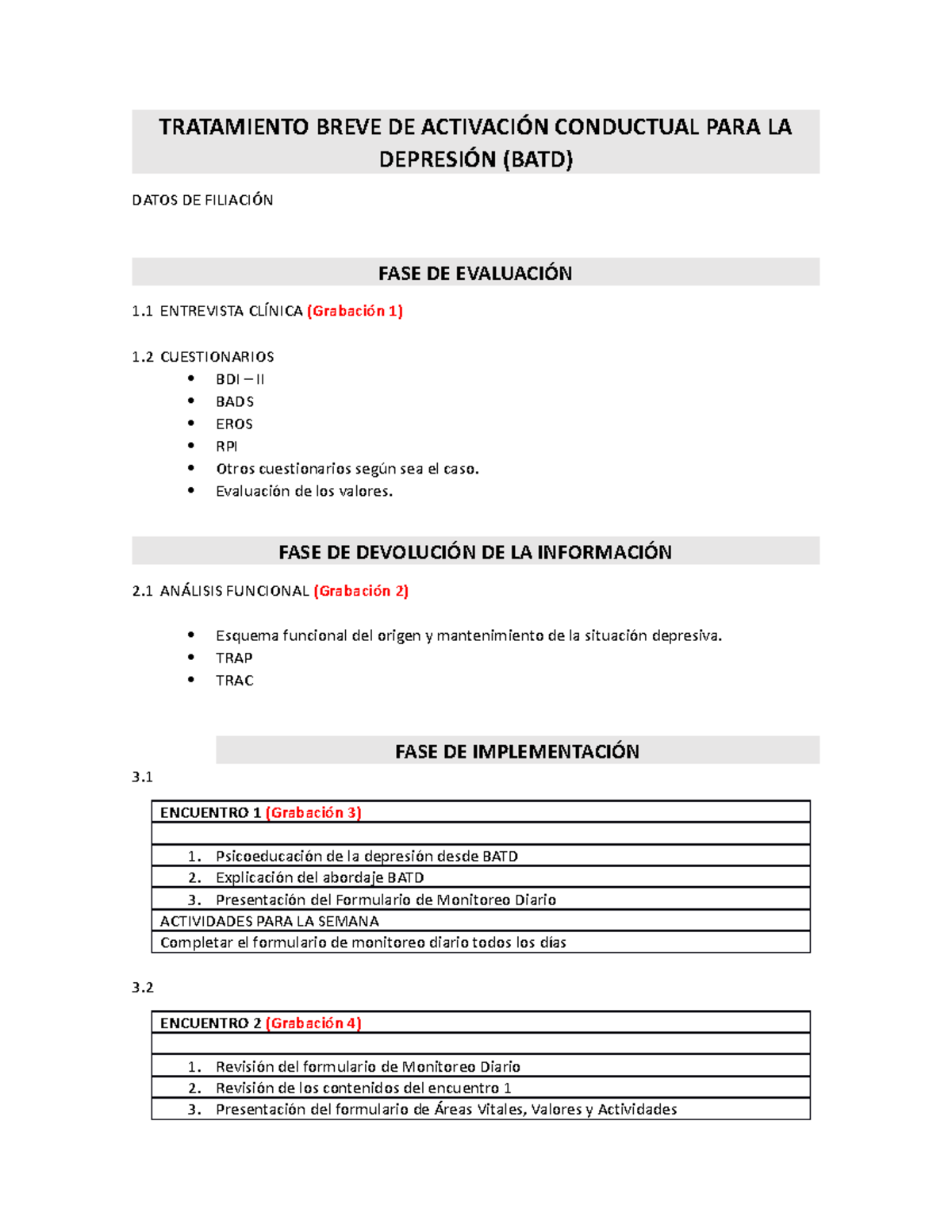 Estructura Informe BATD - TRATAMIENTO BREVE DE ACTIVACIÓN CONDUCTUAL ...
