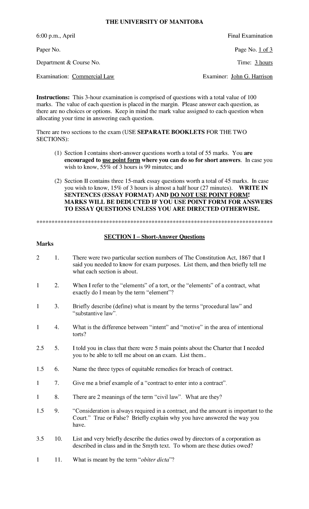 Sample Exam for U of M students - for Fall 2022 class - THE UNIVERSITY ...