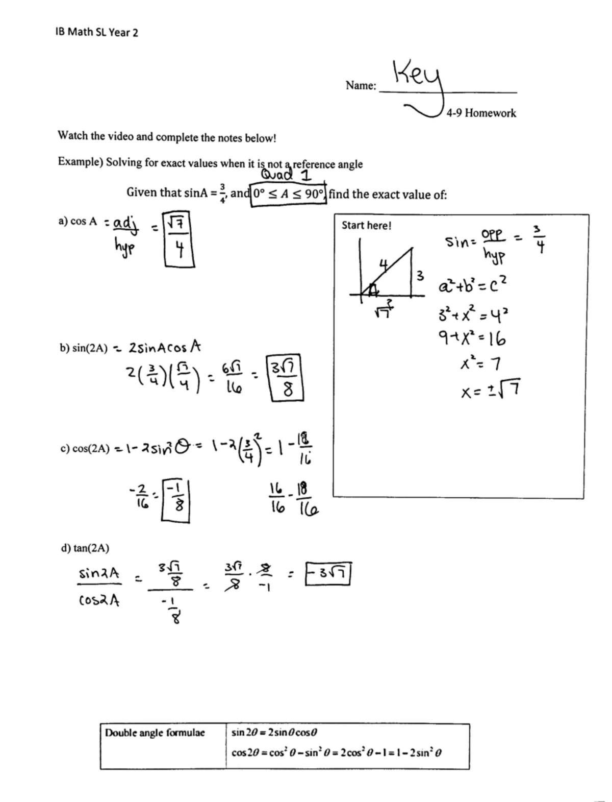 4 9 homework key1 - useful for SAT MATH - IB Math SL Year 2 Name: Key ...