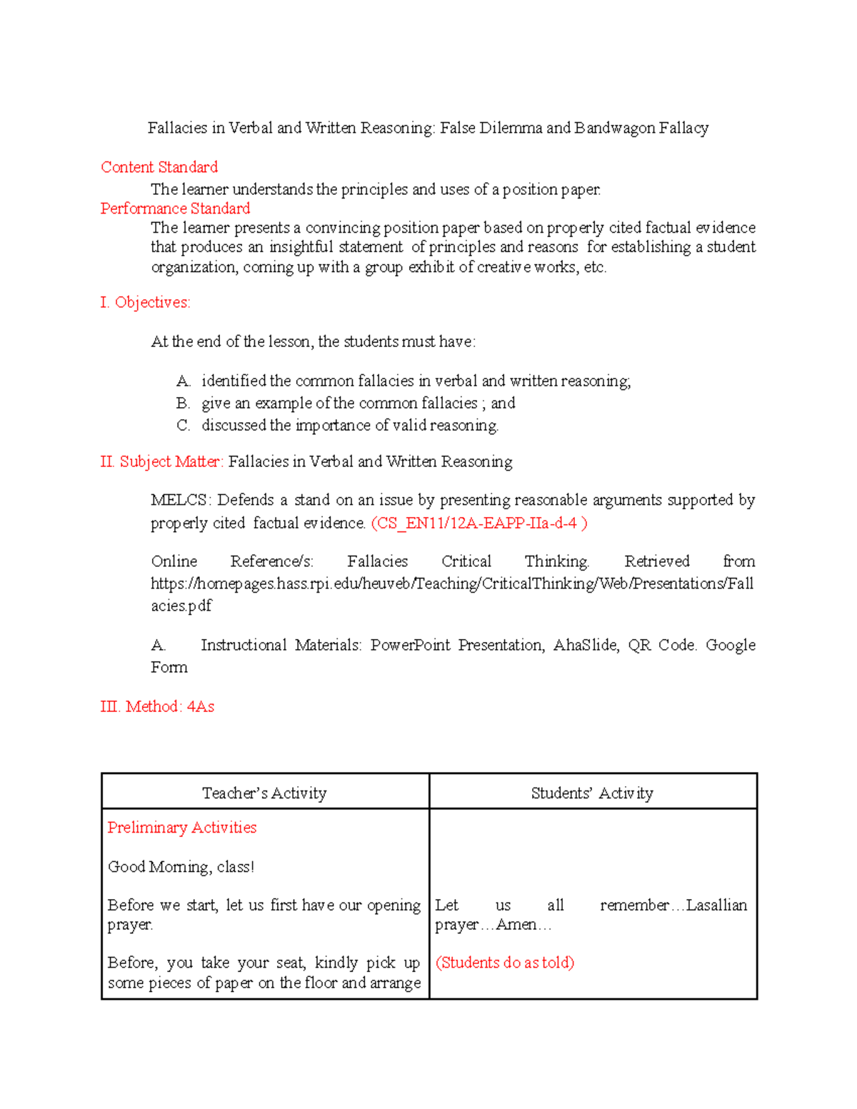 Fallacies in Verbal and Written Reasoning False Dilemma and Bandwagon ...