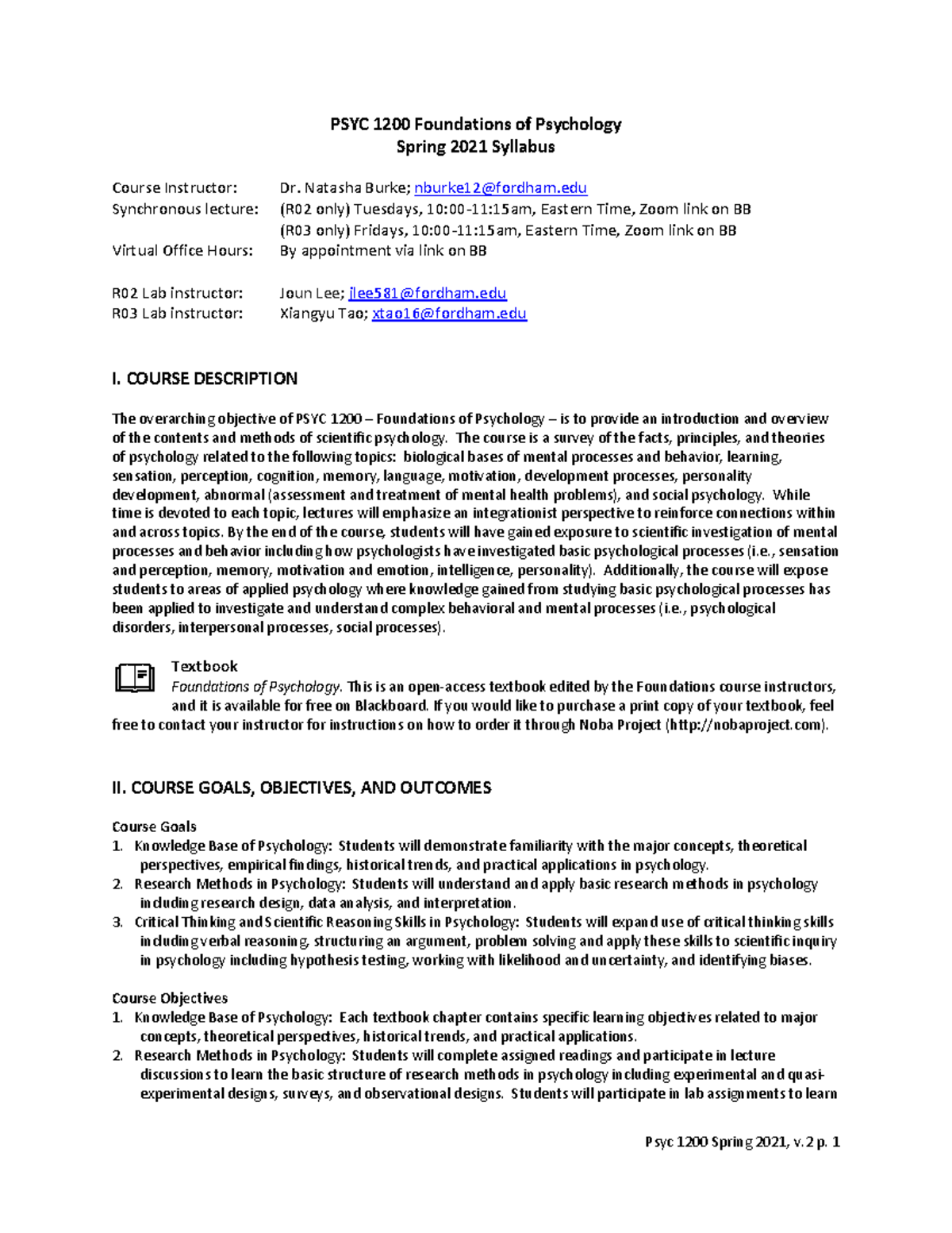 Psych 1200 Spring 2021 Syllabus - PSYC 1200 Foundations of Psychology ...
