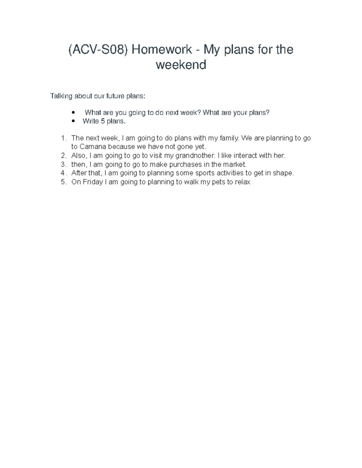 Homework - My plans for the weekend - (ACV-S08) Homework - My plans for ...