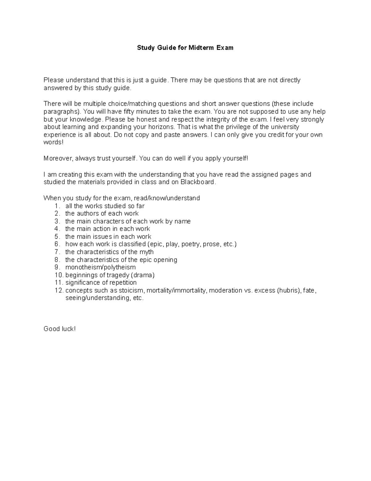 Study Guide for Midterm Exam - Study Guide for Midterm Exam Please ...