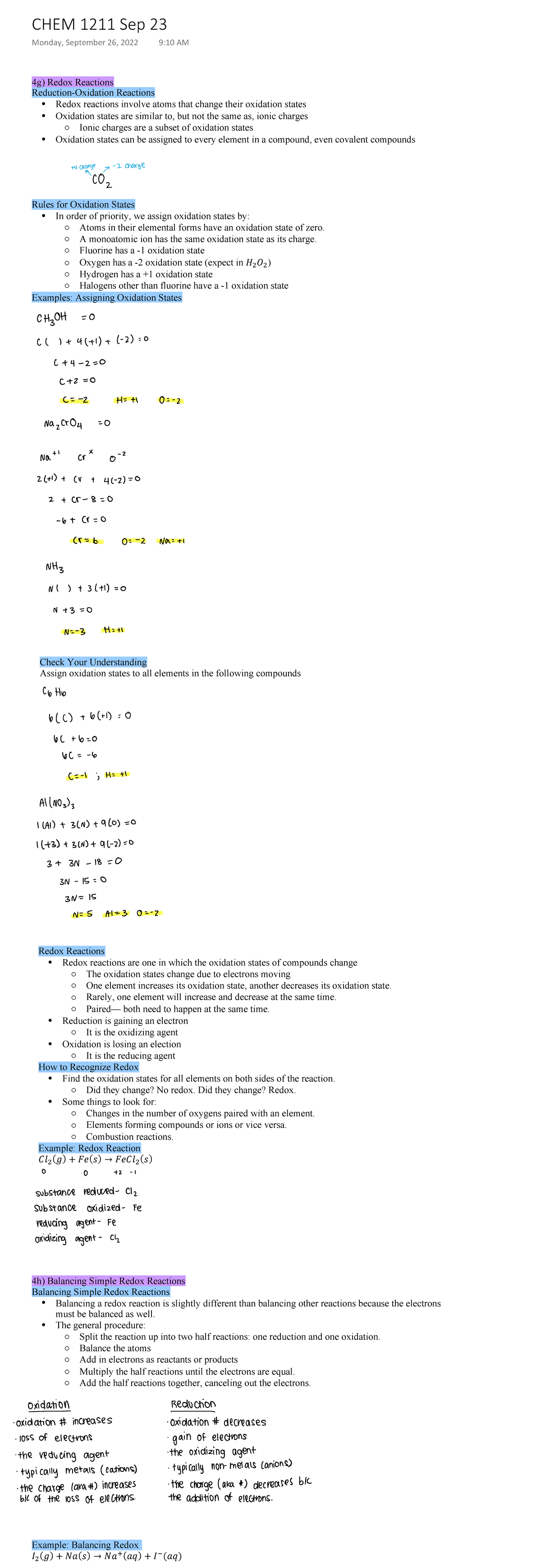 CHEM 1211 Sep 23 - Jessica Jensen - 4g) Redox Reactions Reduction ...