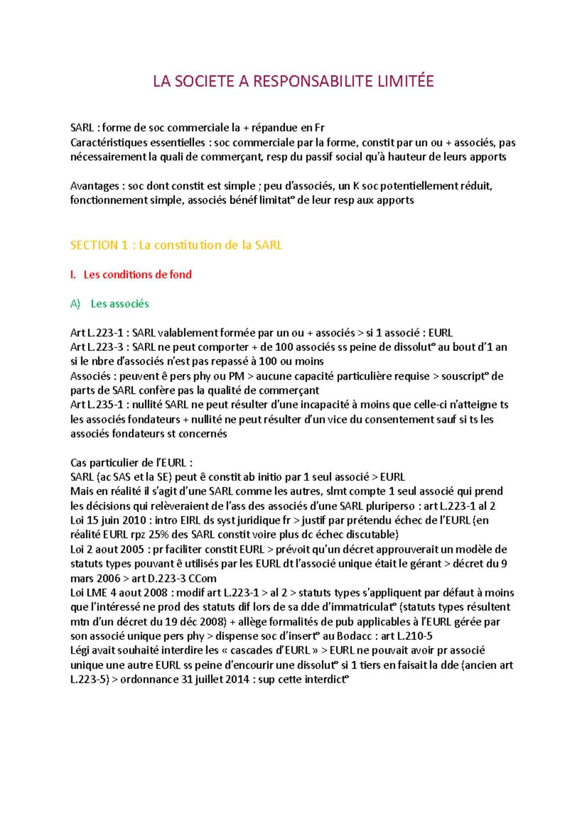 Fiche SARL - LA SOCIETE A RESPONSABILITE LIMITÉE SARL : forme de soc ...
