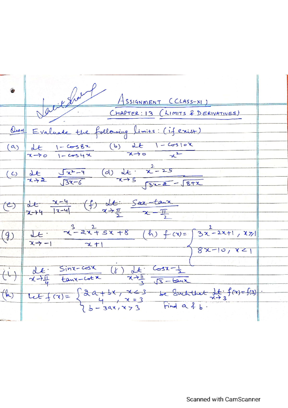 Assignment ( Limits and Derivatives ) - Mathematics: Applications and Interpretation SL - Studocu