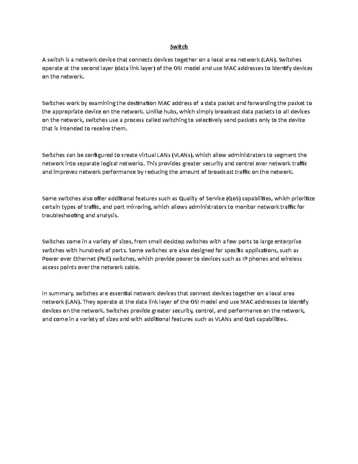 Switch - Switch A switch is a network device that connects devices ...