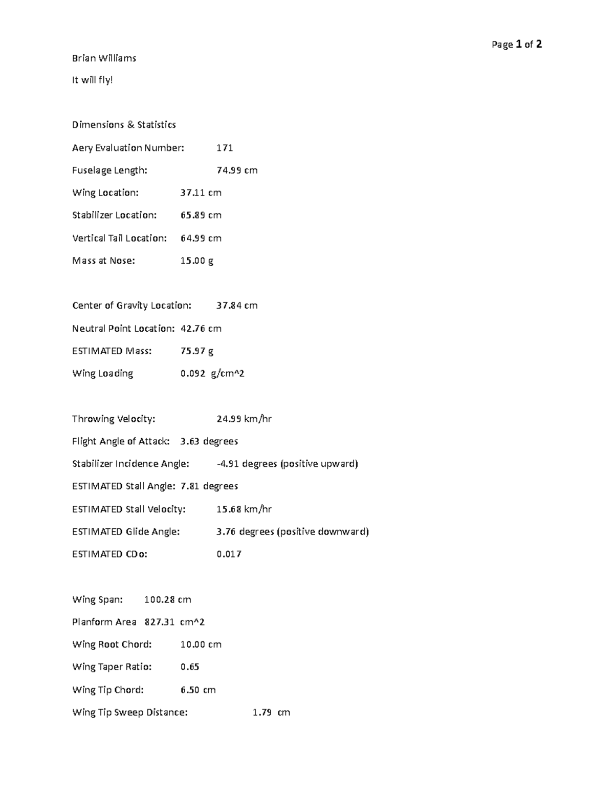 Wright Glider Dimensions - Page 1 of 2 Brian Williams It will fly ...