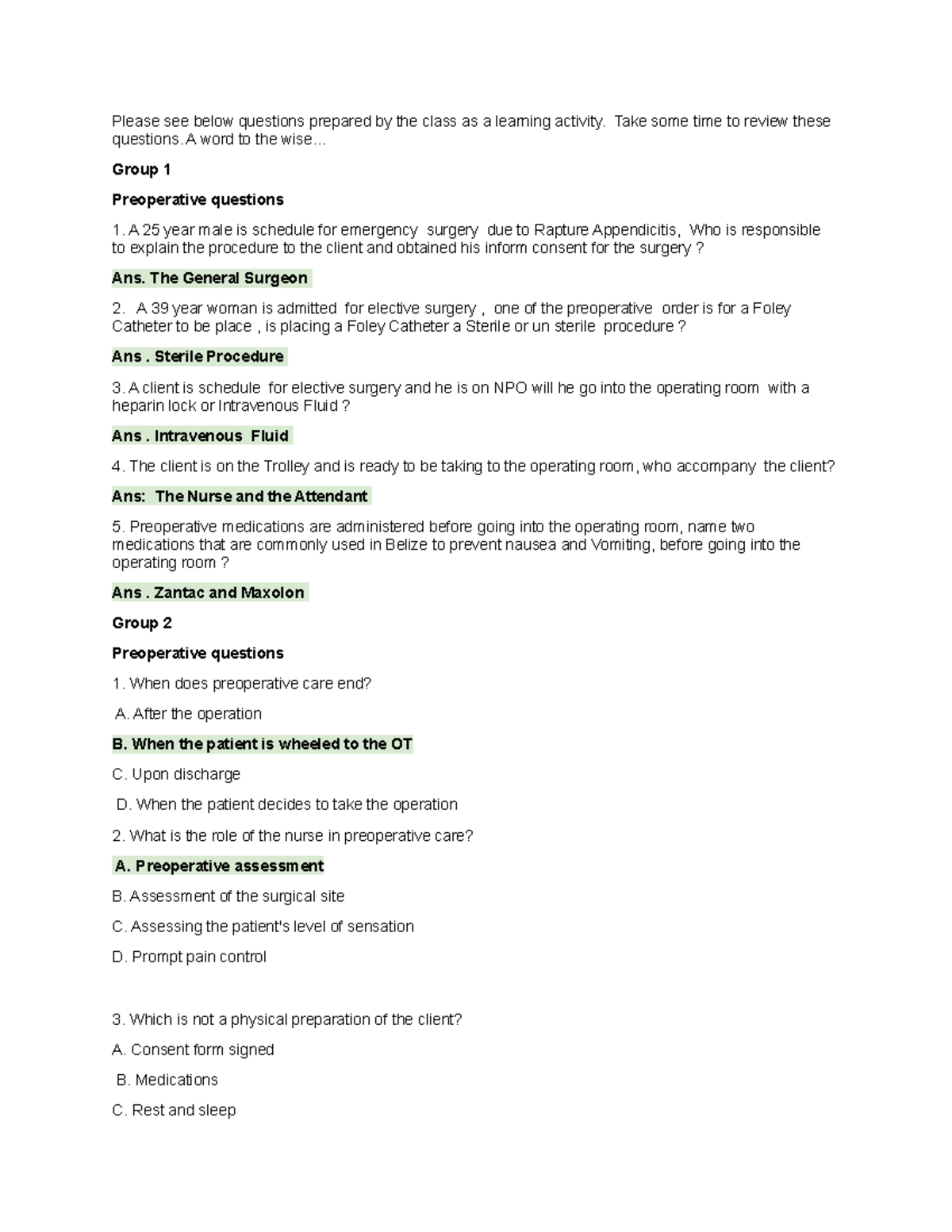 Class Medsurge Activity Questions - Please see below questions prepared ...