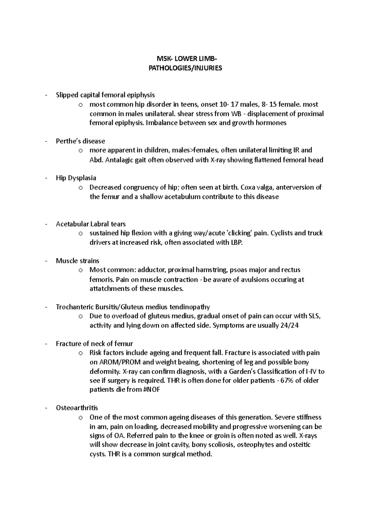 MSK Lower limb- Pathologies+injuries - MSK- LOWER LIMB- PATHOLOGIES ...