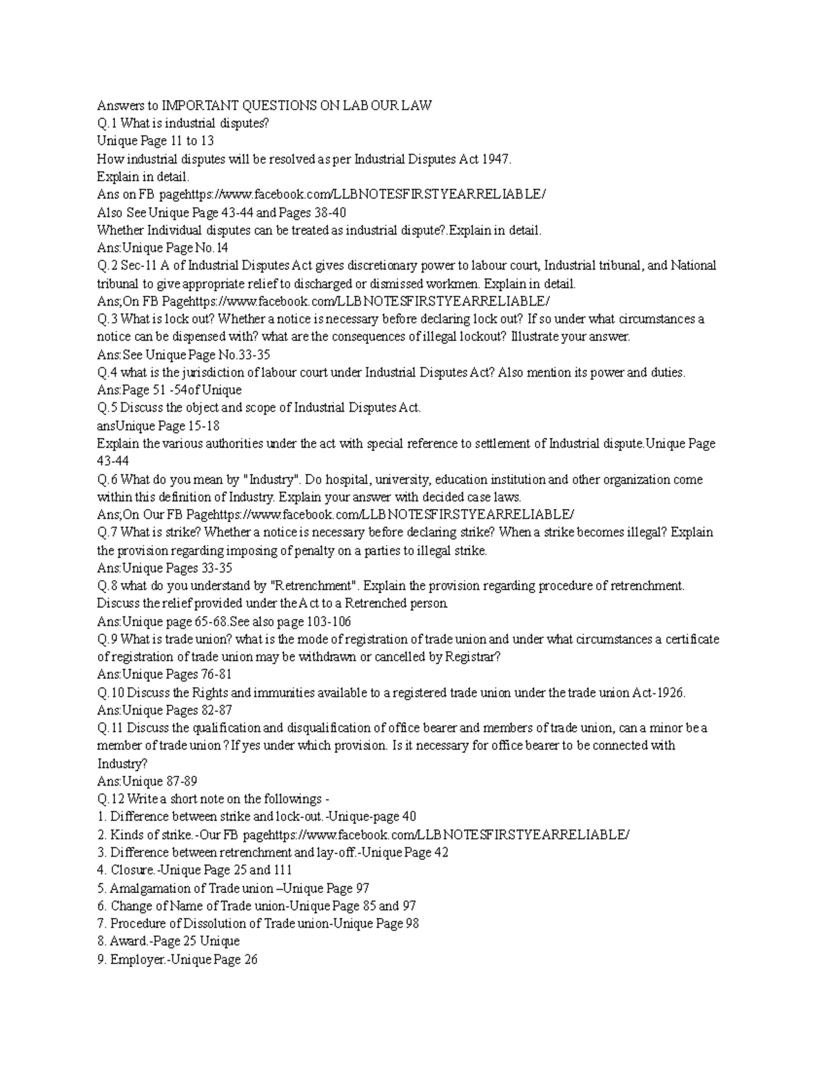 Labour Law Nov2018 - great note - Answers to IMPORTANT QUESTIONS ON ...
