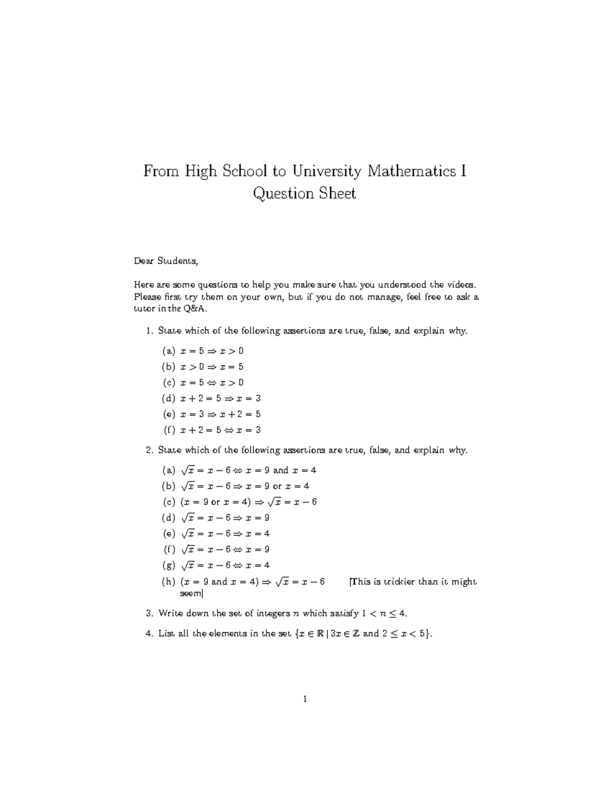 Questions sheet I - Mathematics - From High School to University ...
