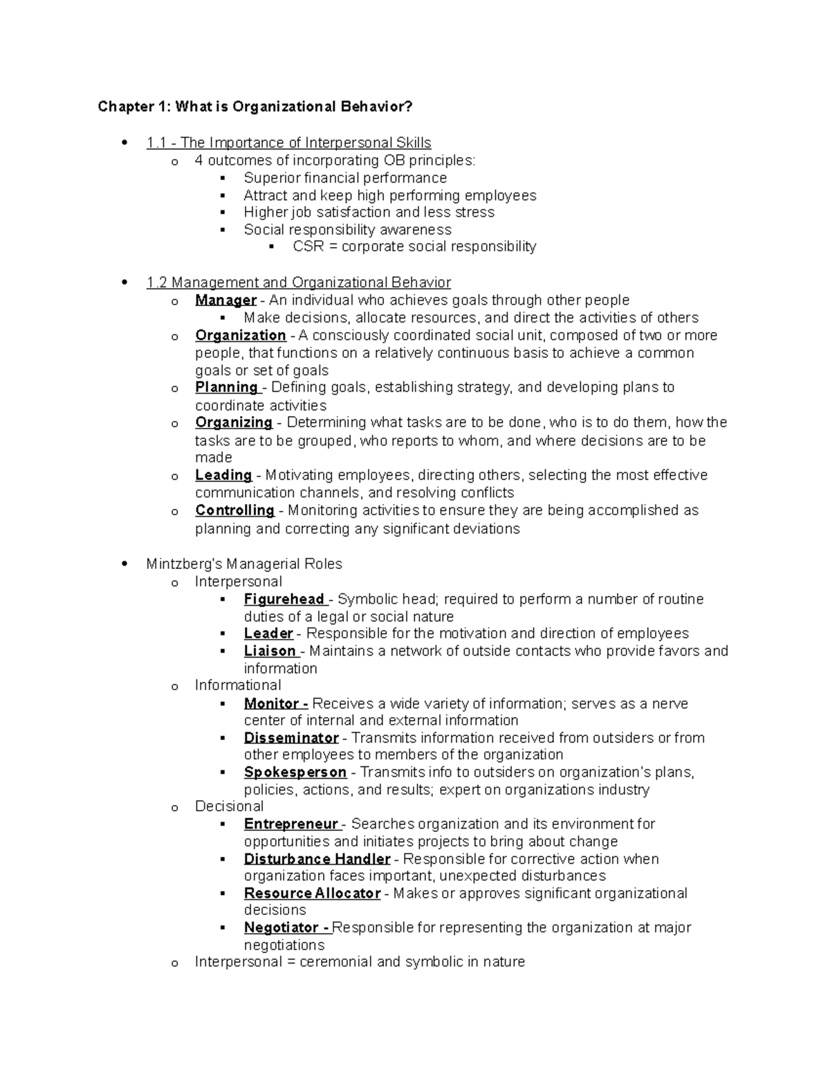 Chapter 1 Notes - Chapter 1: What is Organizational Behavior? 1 - The ...