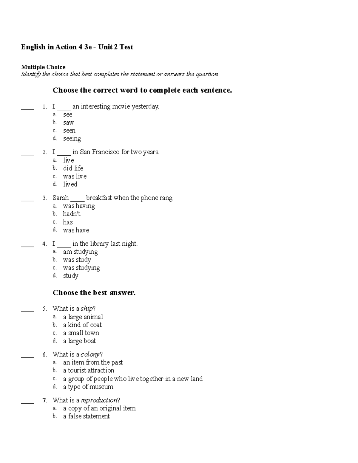 Eia 4 3e unit 2 test - tài liệu - English in Action 4 3e - Unit 2 Test ...