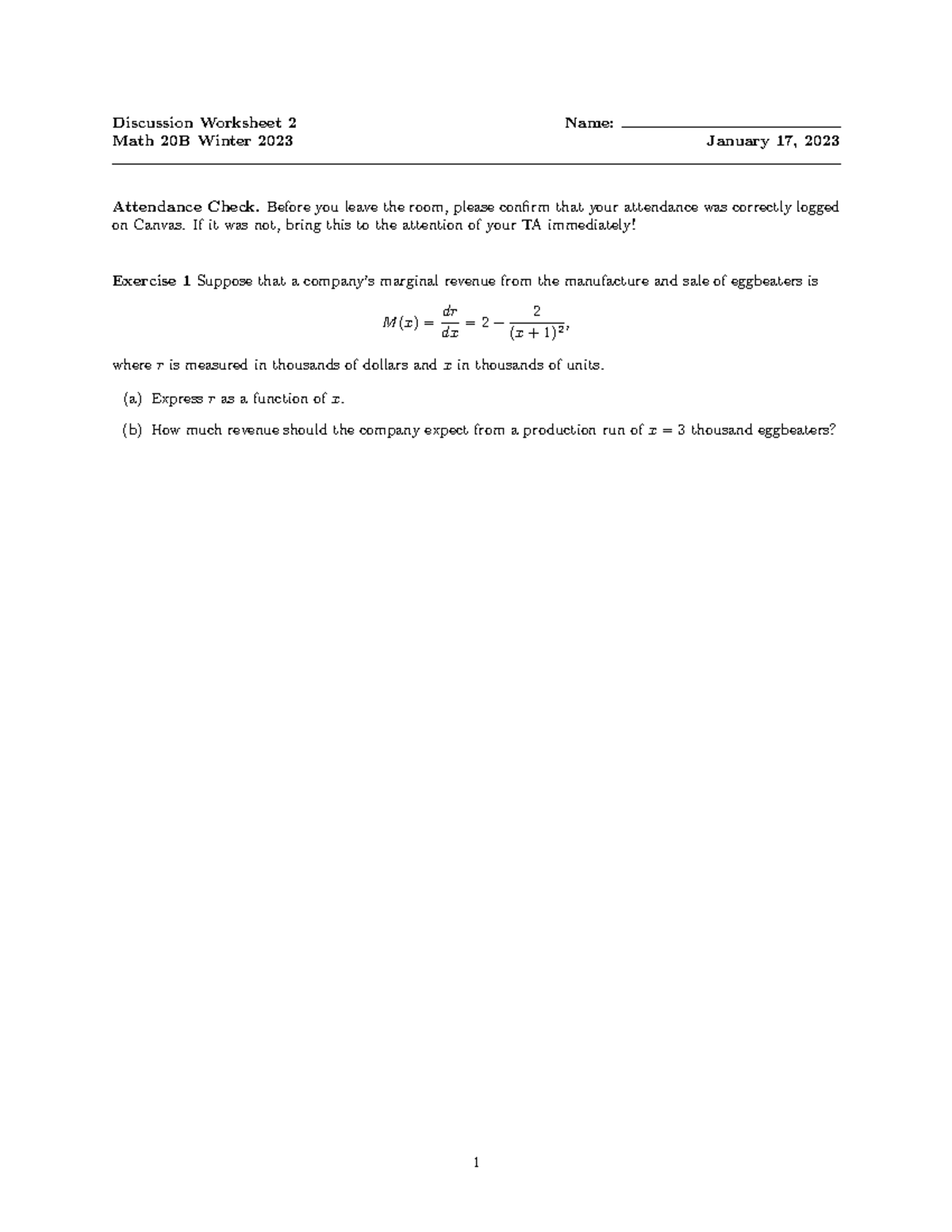 Discussion 2 Qs - Discussion Worksheet 2 Name: Math 20B Winter 2023 ...