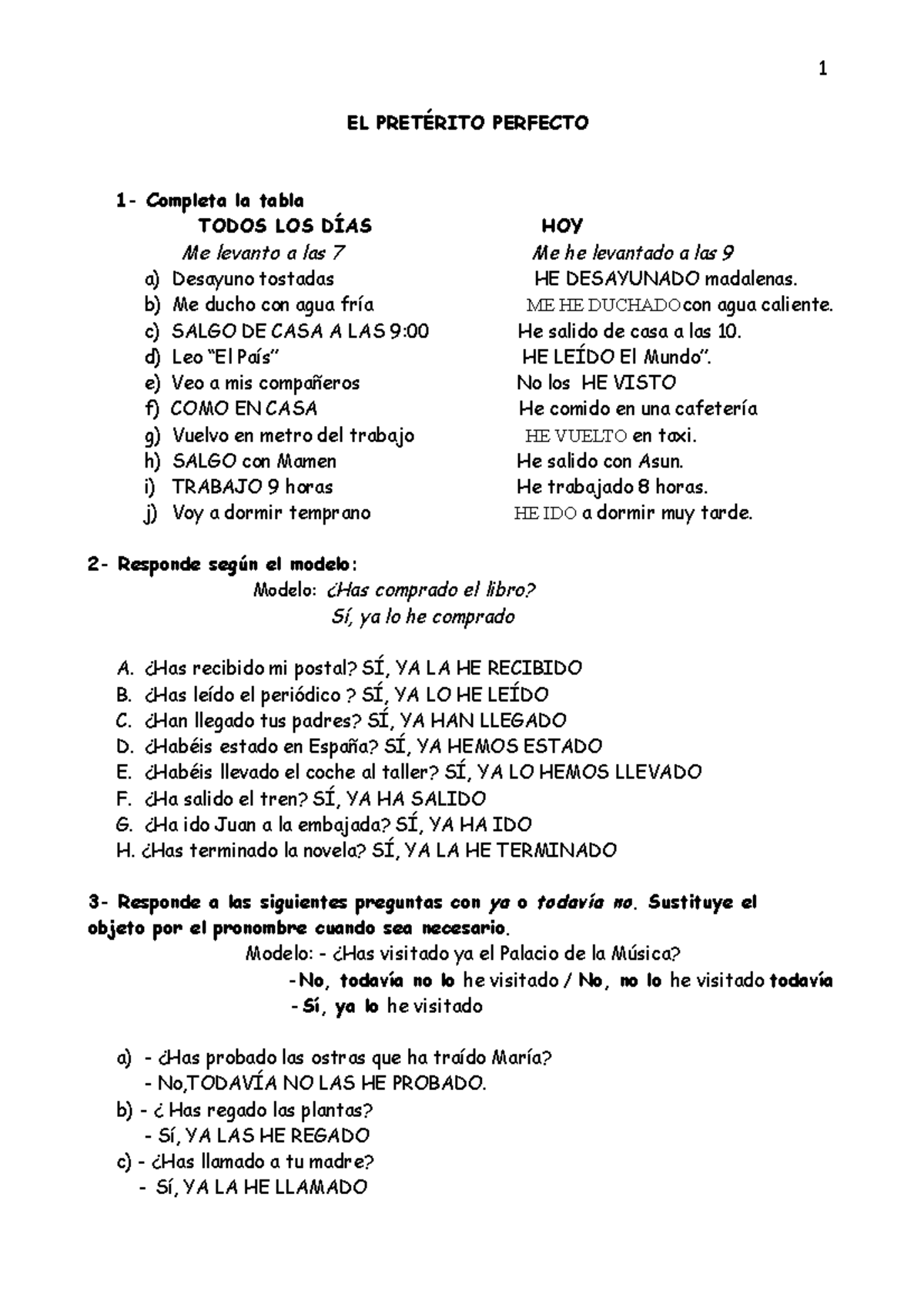 EL Pretérito Perfecto Soluciones (CORR) - EL PRETÉRITO PERFECTO 1 ...