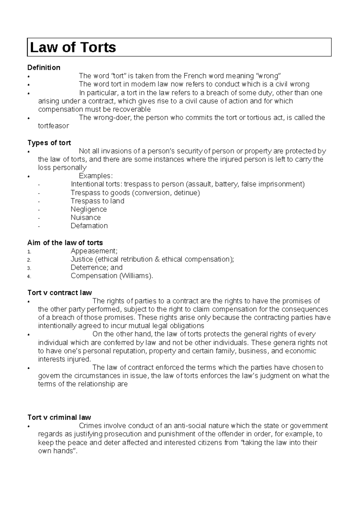 Torts notes full - Law of Torts Definition The word “tort” is taken ...
