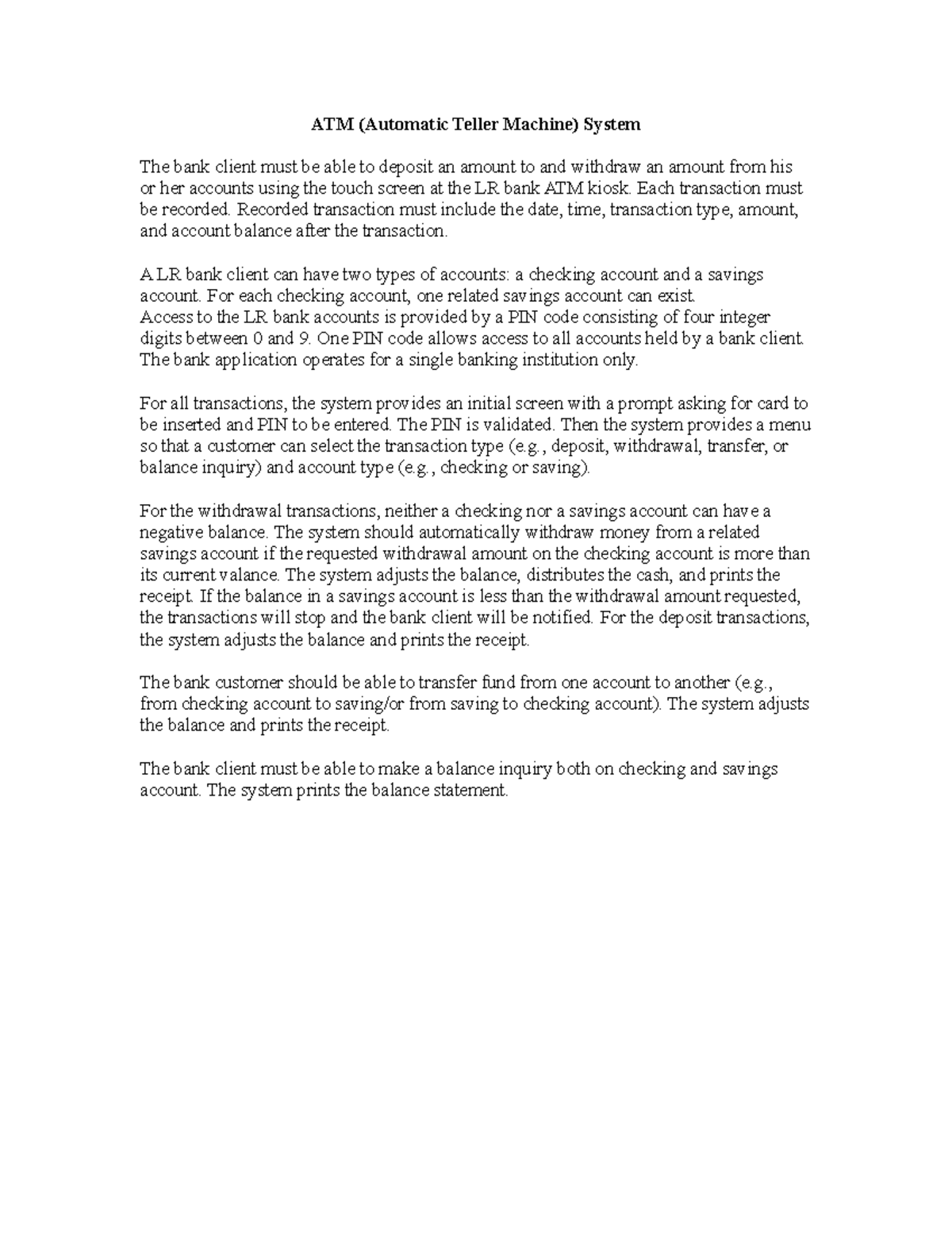 Exercise 2 ATM (Use case) - ATM (Automatic Teller Machine) System The ...