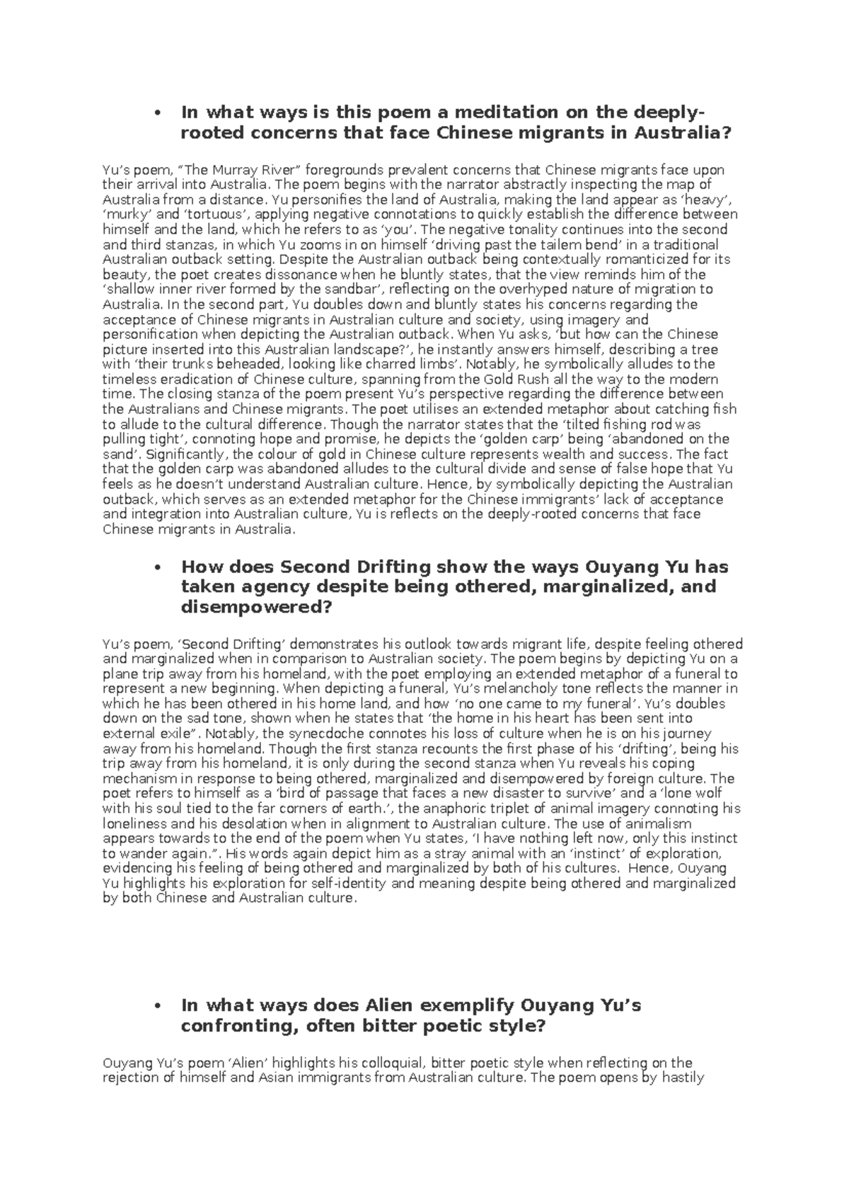 Ouyang Yu - Focus Questions - In what ways is this poem a meditation on ...