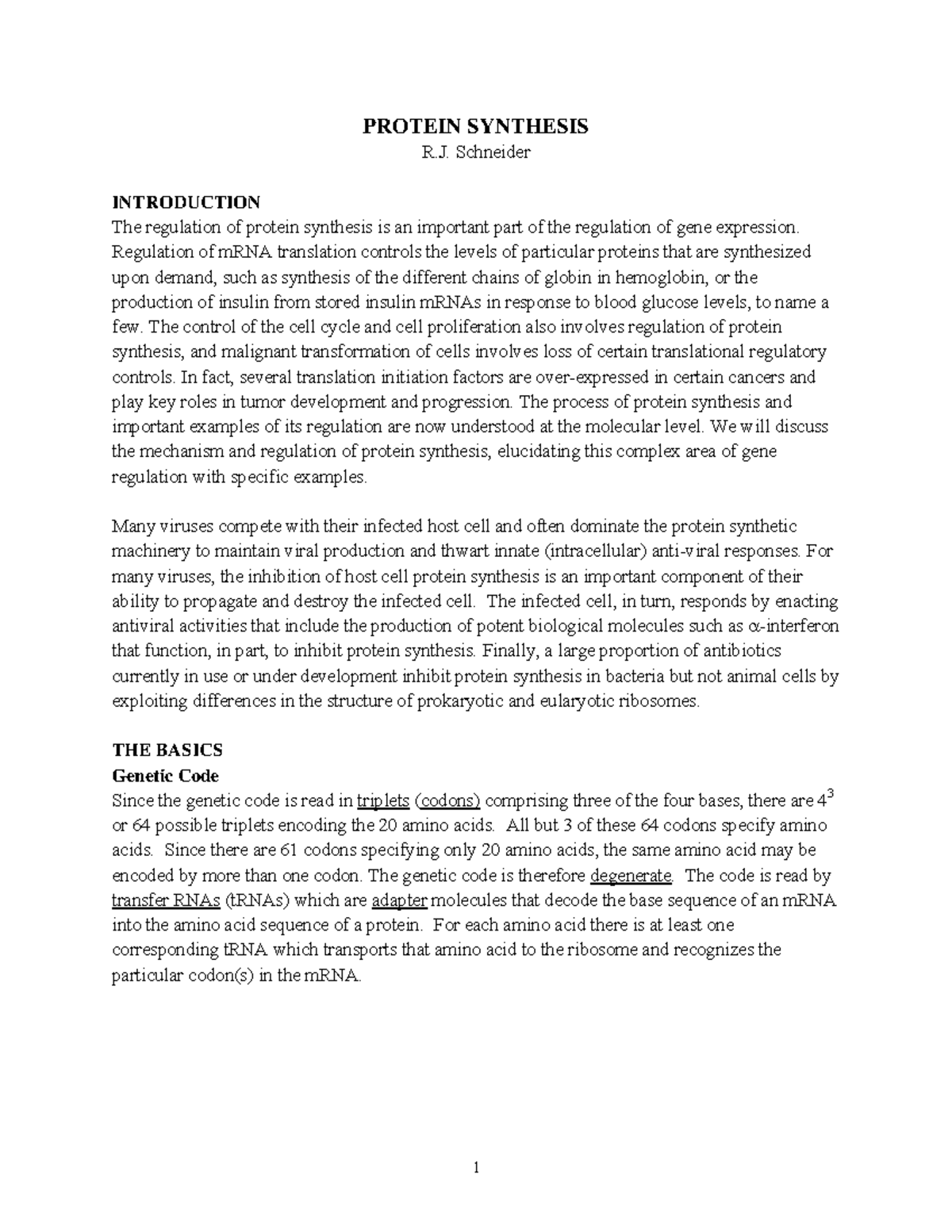 Protein synthesis - Lecture notes 3 - PROTEIN SYNTHESIS R. Schneider ...