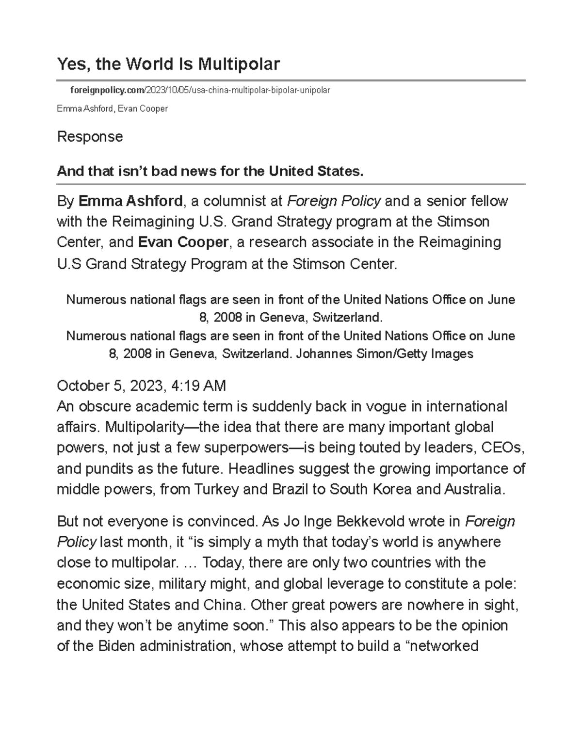 Yes, the World Is Multipolar – Foreign Policy - Emma Ashford, Evan ...