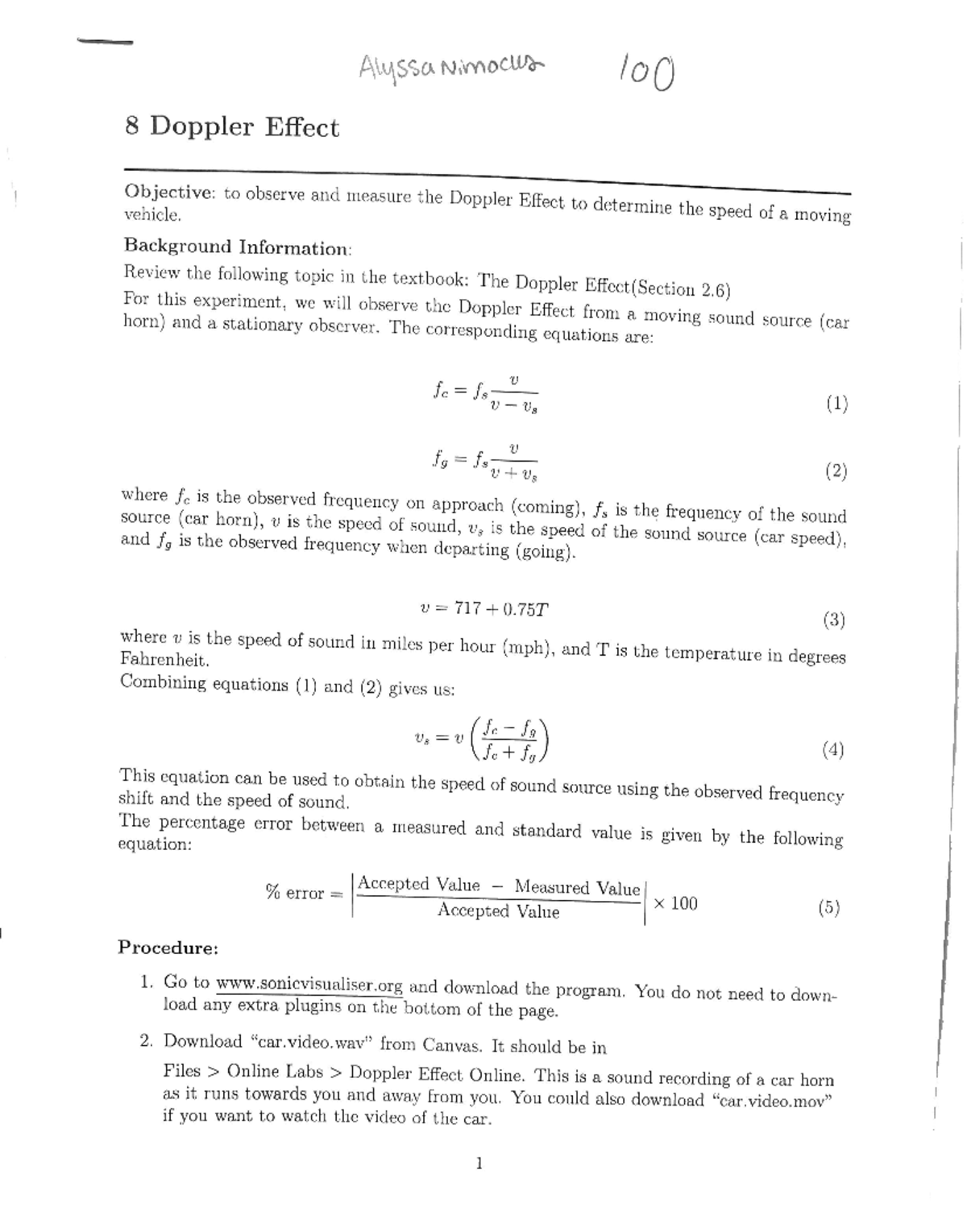 Lab 8- Doppler Effect - Lab assignment - PHY 1407 - Baylor University ...
